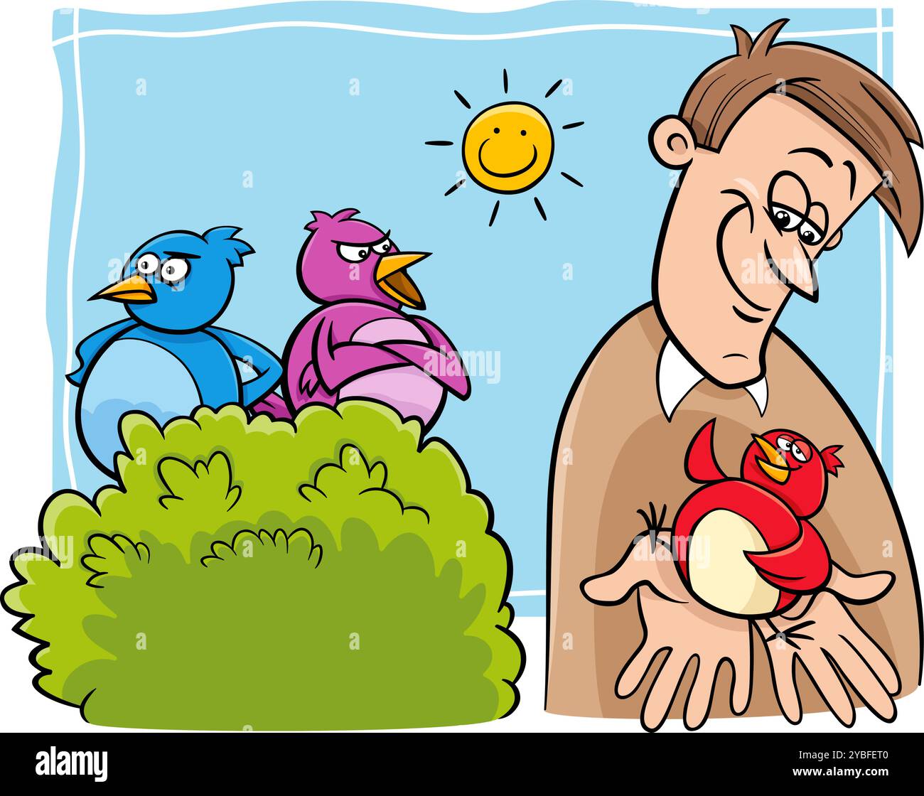 cartoon concept illustration of a bird in the hand is worth two in the ...