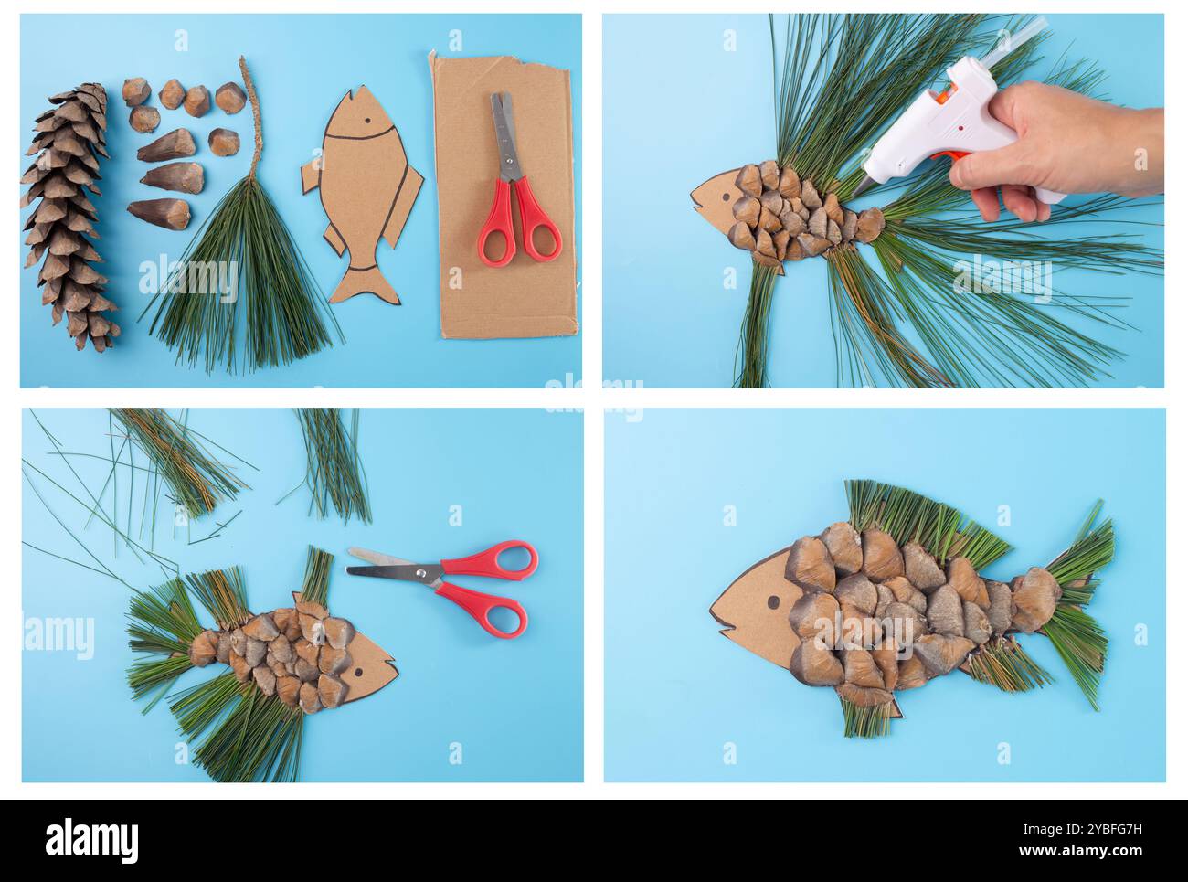 Fish craft creation using pine cones seed scales, pine needles, and ...