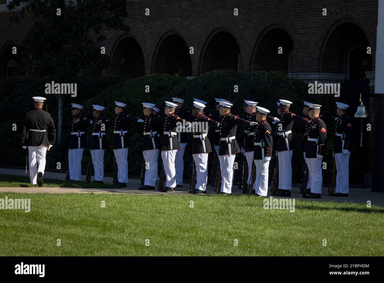 Barracks Marines execute “dress right dress” during the Rifle ...