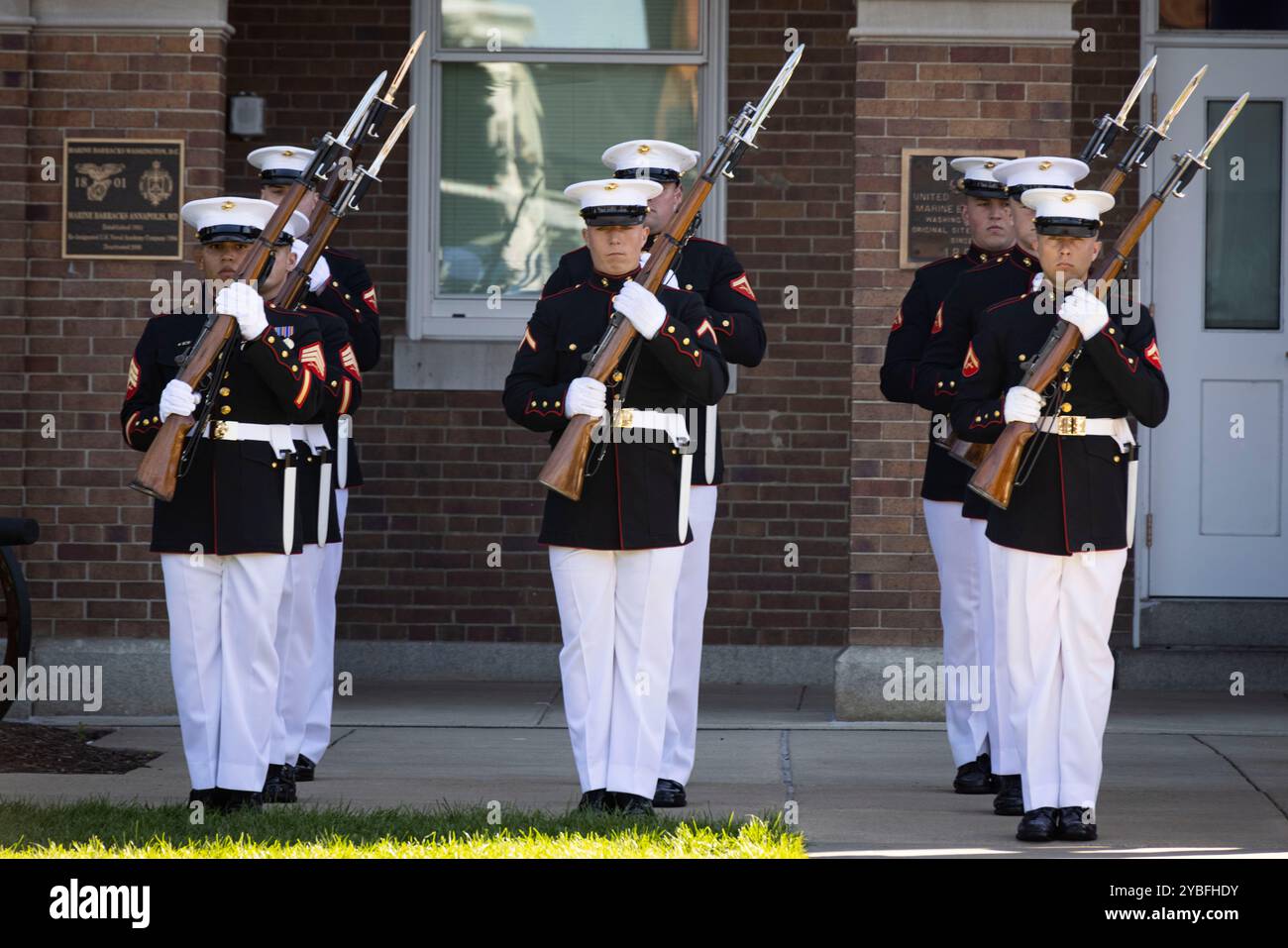 Barracks Marines execute “port arms” during the Rifle Ceremonial Drill ...
