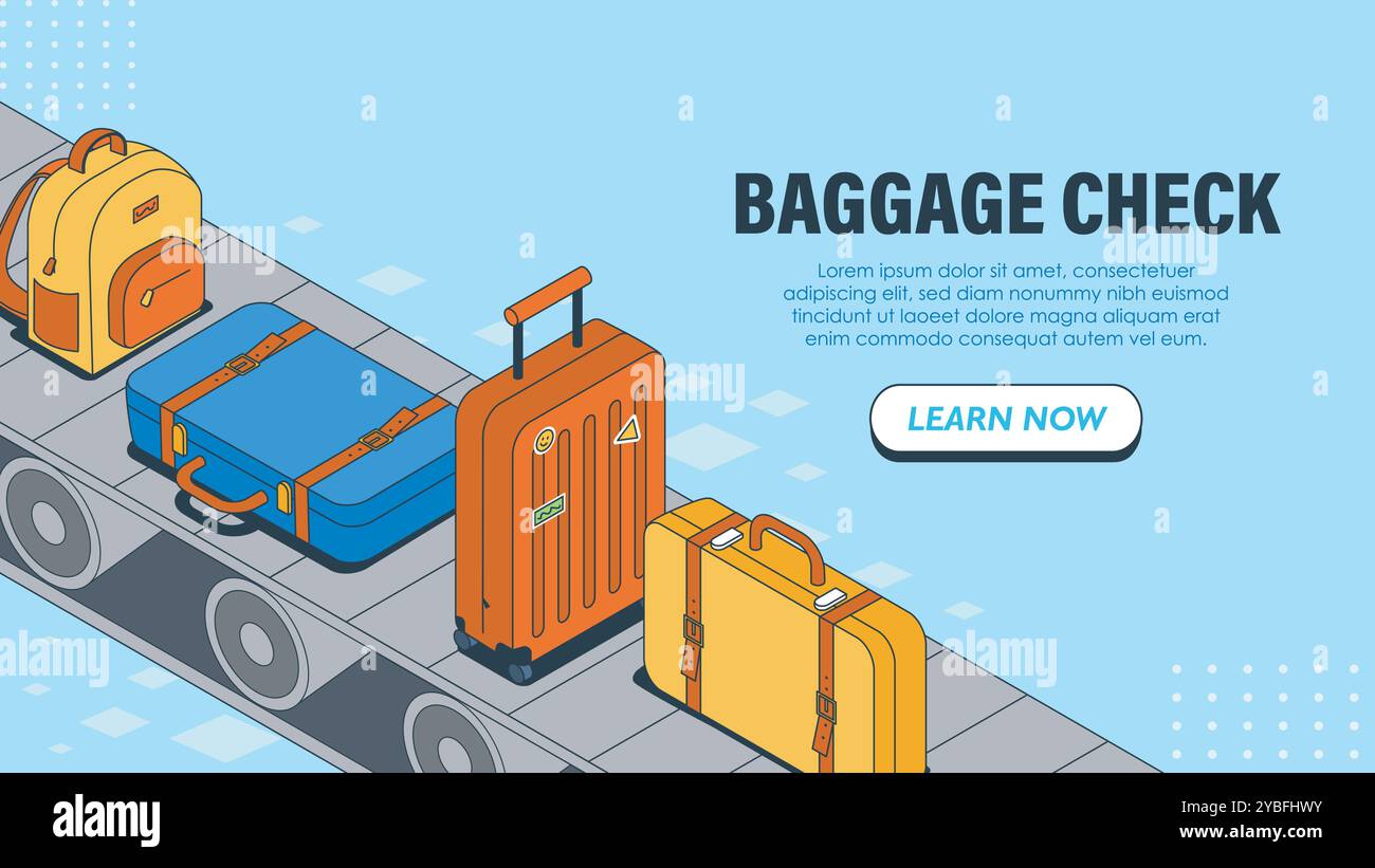 Baggage check isometric poster. Luggage at conveyor belt ...