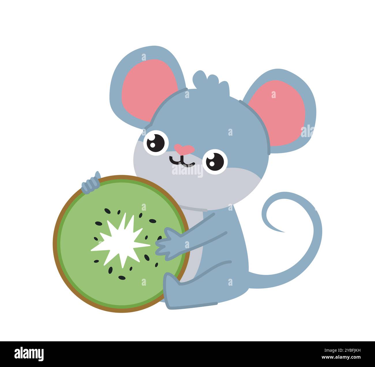 Mouse with food. Cute rodent sitting with slice of kiwi. Grey rodent ...