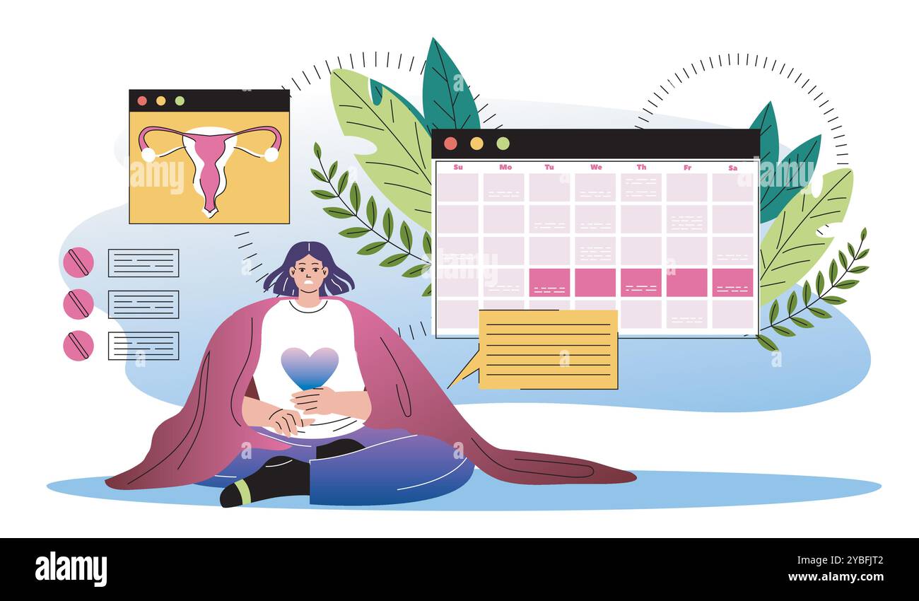 Woman with menstrual period calendar. Young girl sits near calendar ...