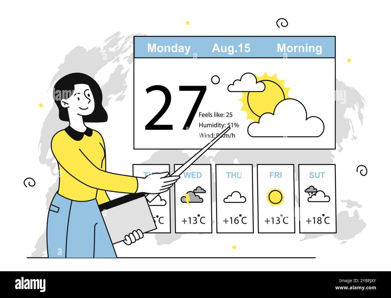 Meteorologist with pointer. Woman with pointer tells weather forecast ...