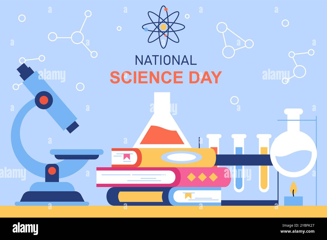 National Day Science poster. Microscope, stack of books and test tube ...