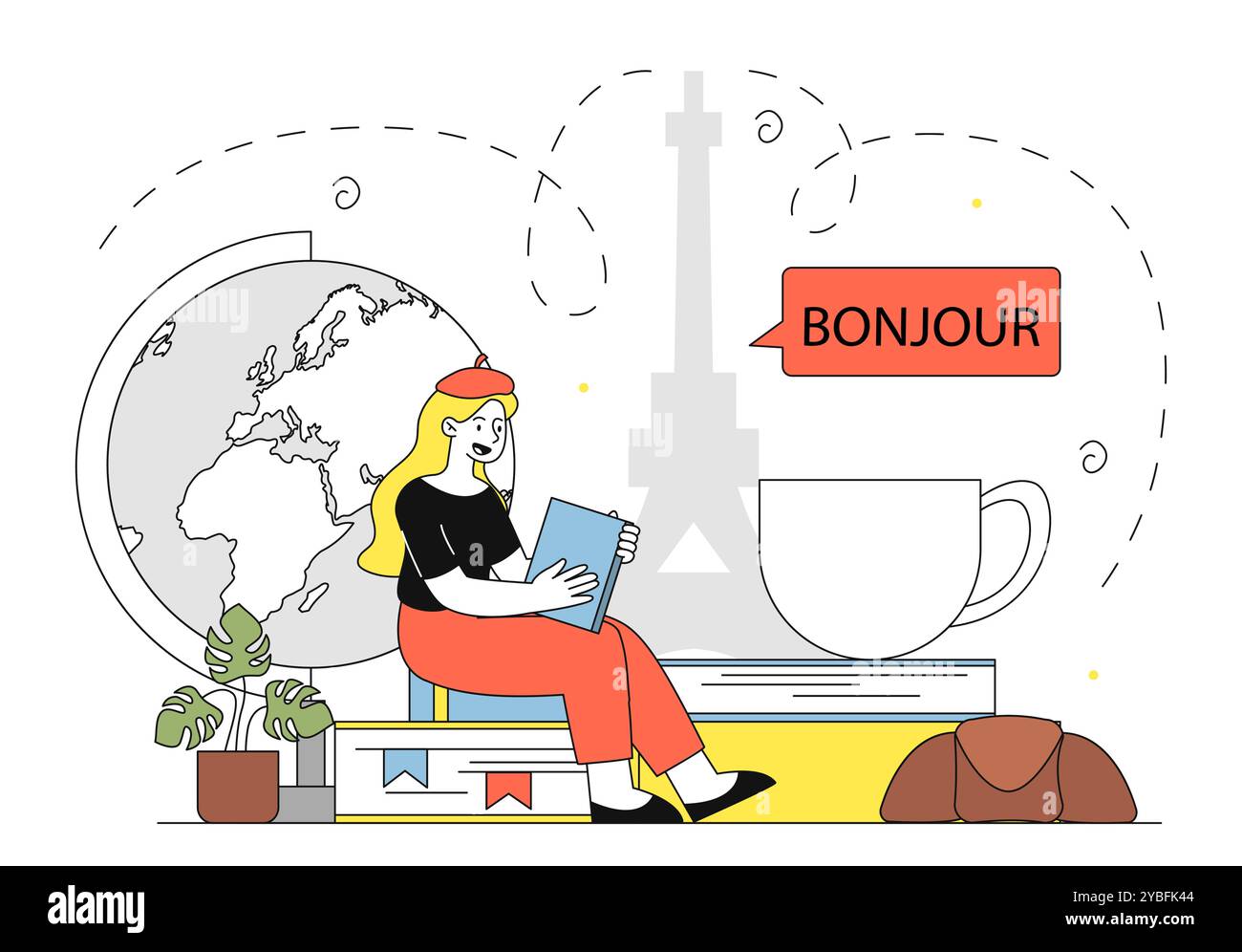 Woman studying French language. Young girl with book in her hands says ...