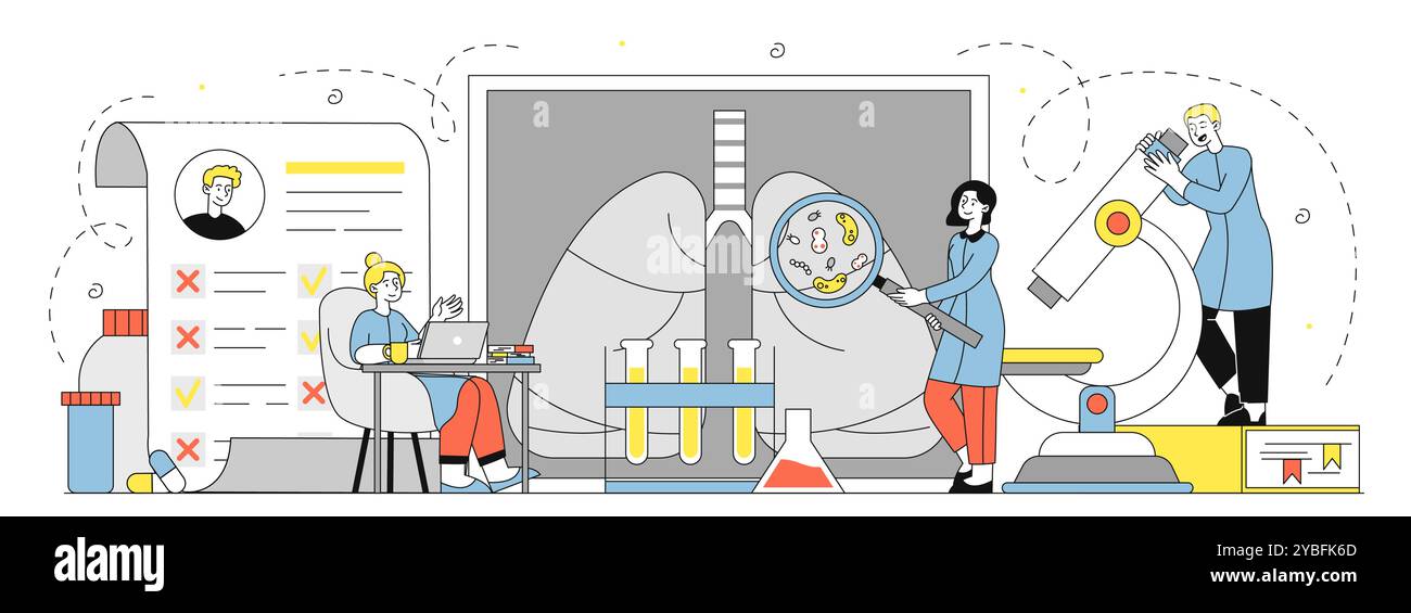 Doctors examine lungs. Man with microscope and woman with magnifying ...