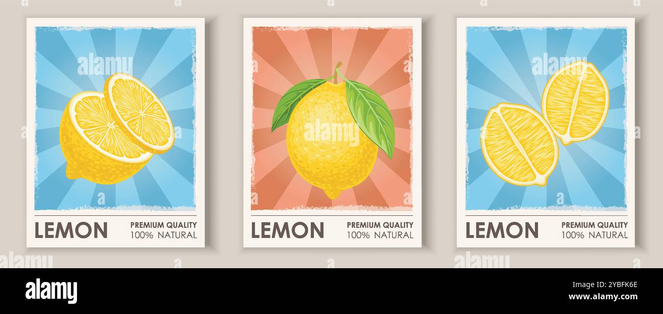 Lemon retro posters set. Natural fresh and organic citrus products ...