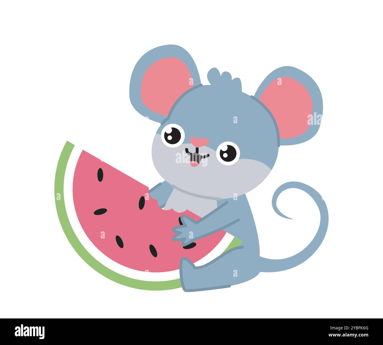 Mouse with food. Cute rodent sitting with watermelon slice. Grey rodent ...