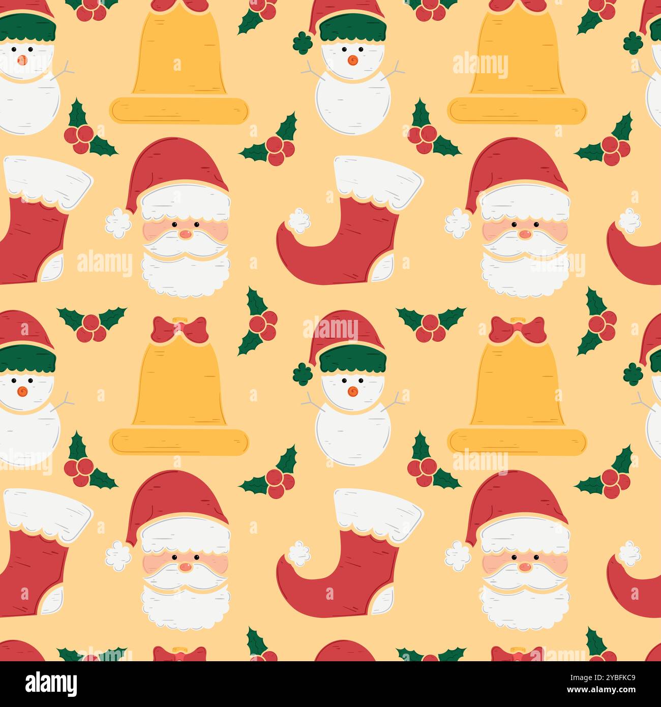 Holiday pattern with Santa, snowmen, stockings, and holly, Vector Stock ...