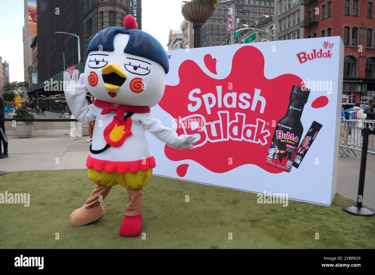 A Buldak mascot is seen at a Buldak Korean ramen noodles and sauce ...
