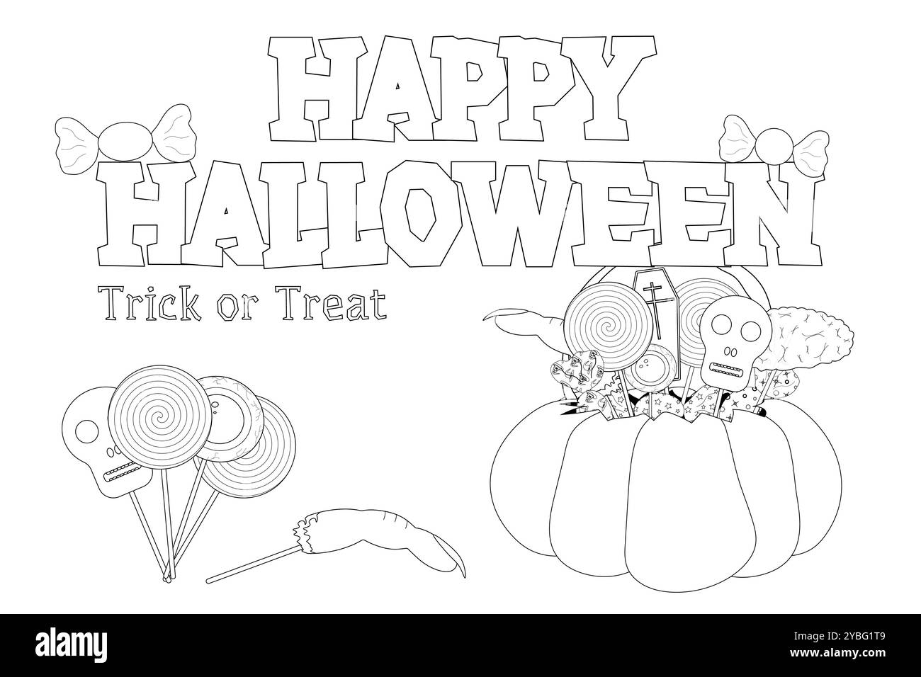 A fun Halloween coloring page featuring spooky candies, a pumpkin, and ...