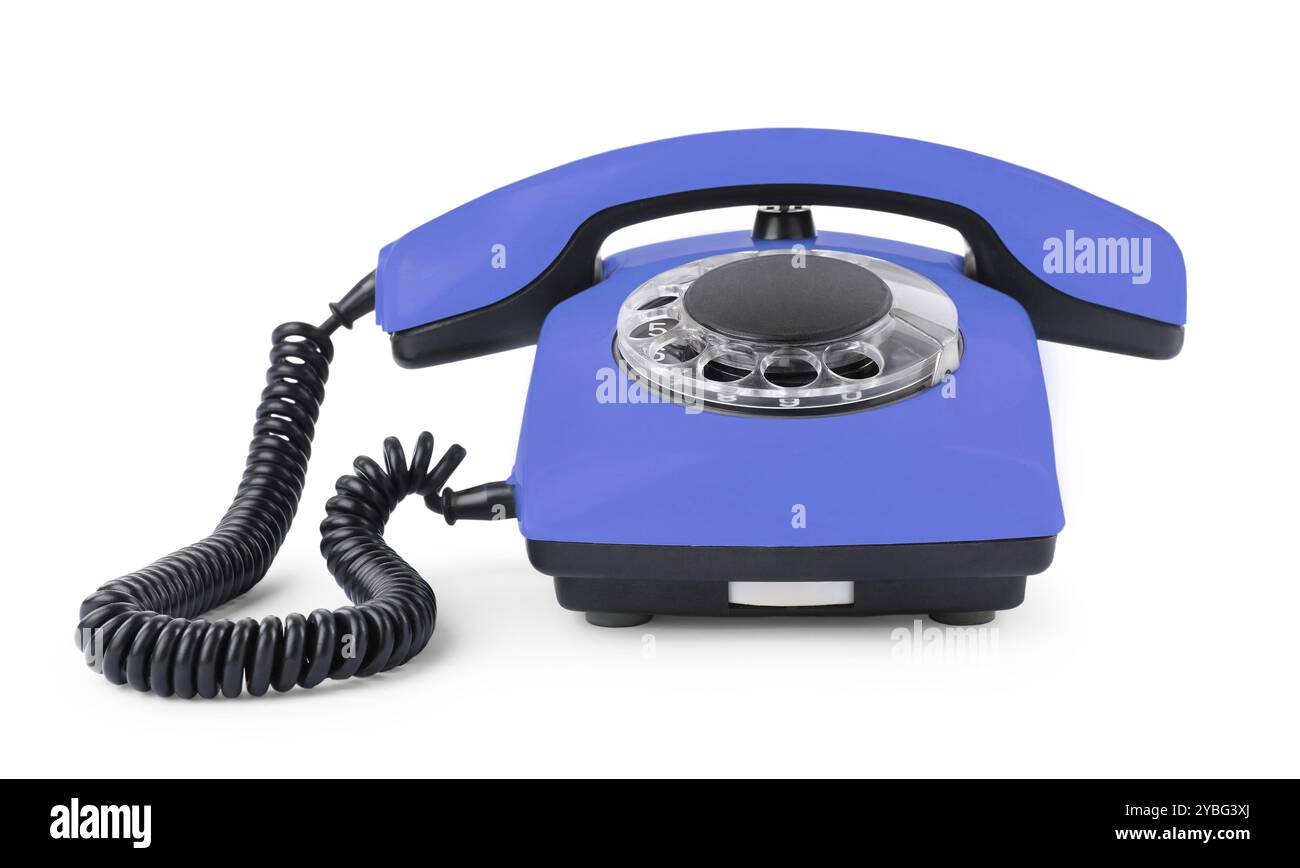Old blue telephone with rotary dial isolated on white Stock Photo - Alamy