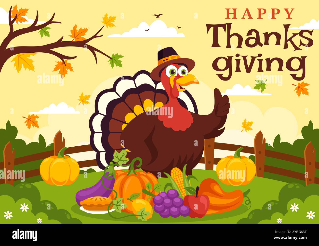 Happy Thanksgiving Day Vector Illustration with Turkey, Pumpkins ...