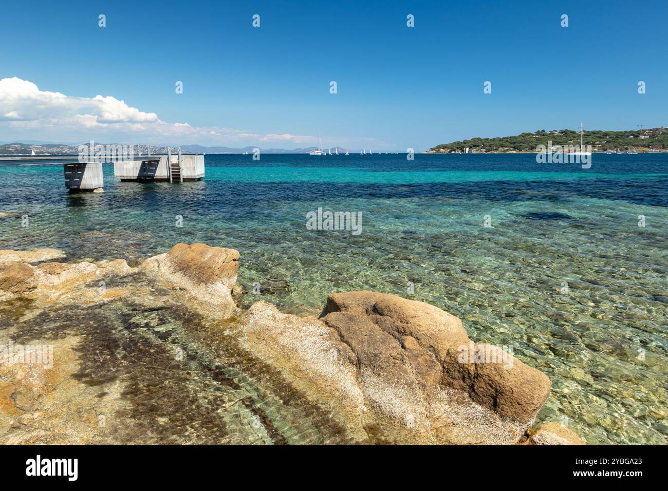 Paressouso beach wooden pontoon, in Canebiers Bay, in Saint-Tropez, in ...