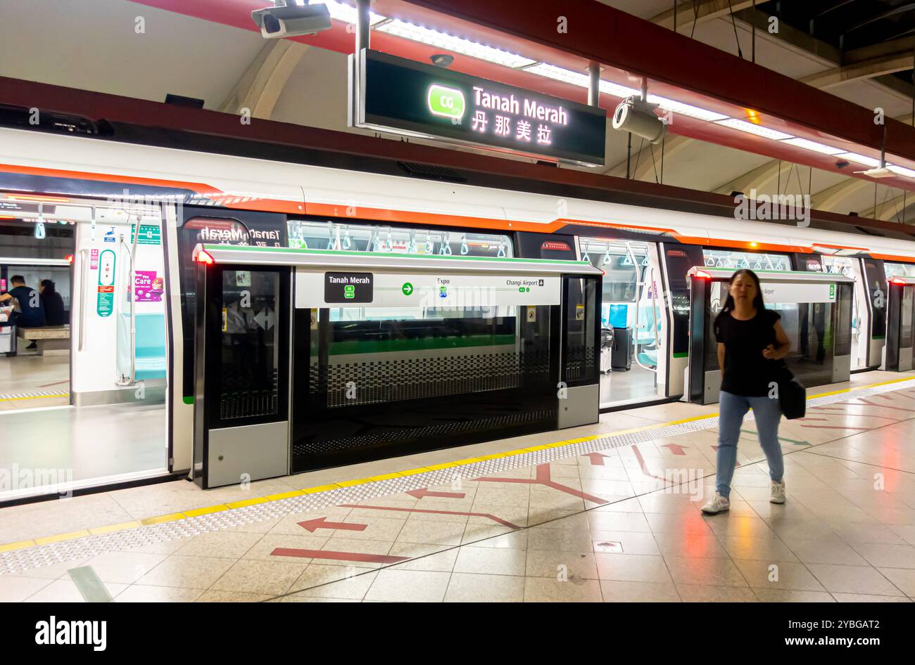 Tanah Merah subway station Singapore - interior, train platform, woman ...
