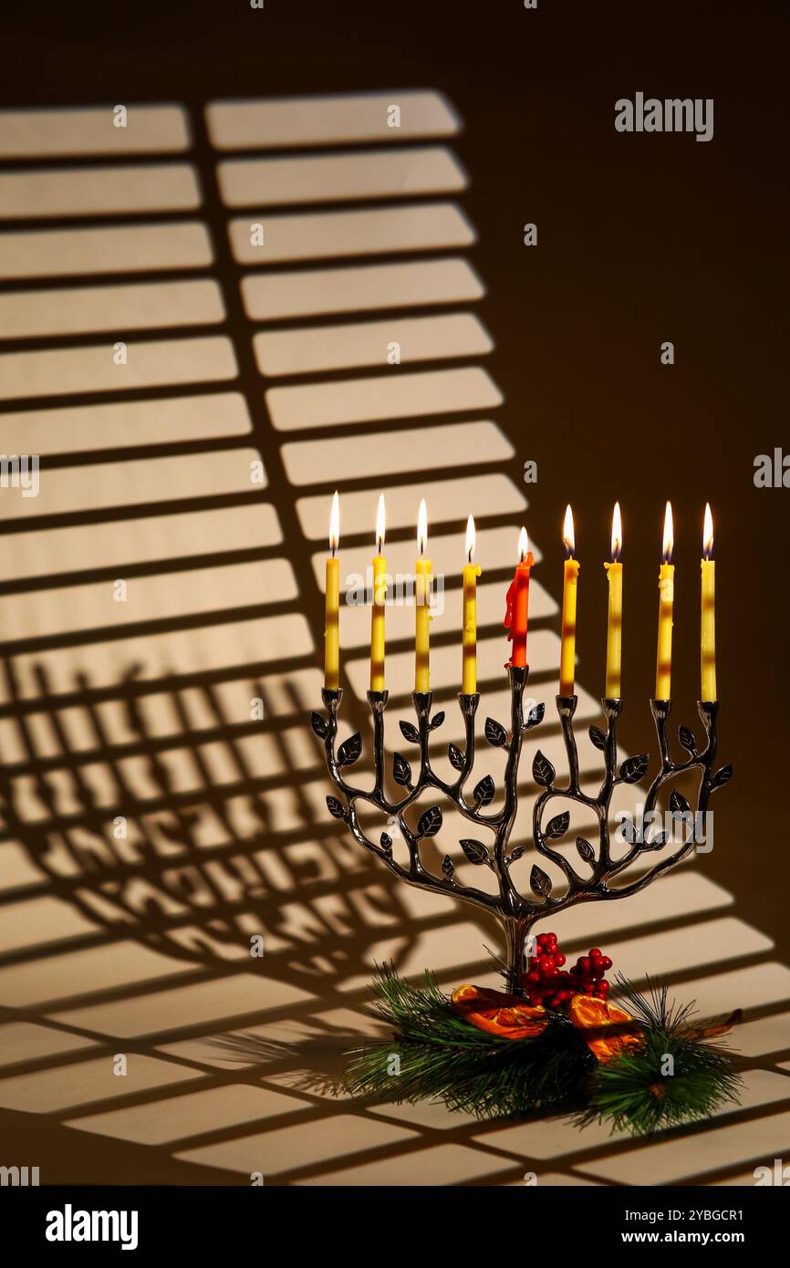 Menorah on a Window with Burning Candles and Pine Branch: the unity of ...