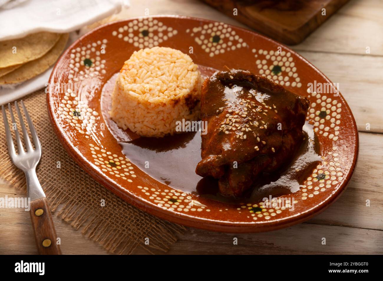 Mole Poblano. Chicken with Mole. Typical dish, emblematic of Mexican ...