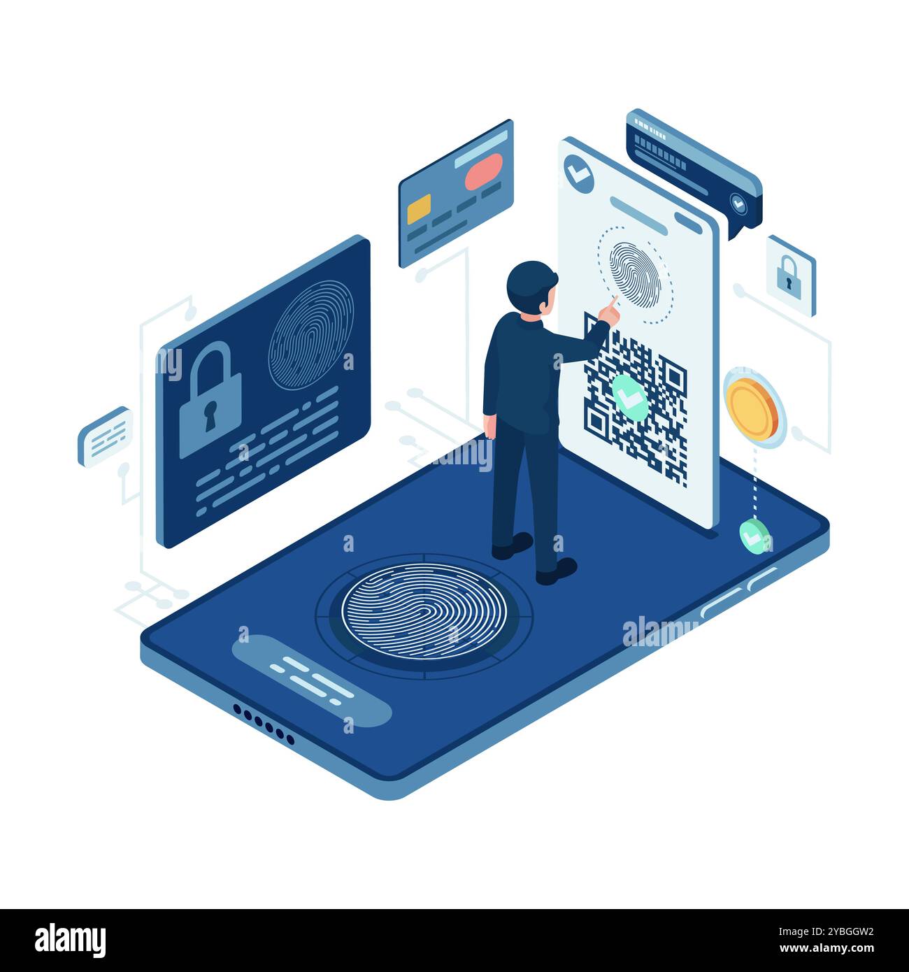 Isometric Business use Biometric Payment with Fingerprint on Smartphone. Biometric Payment and ...