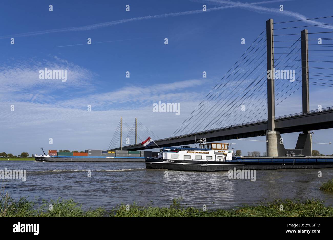 Cargo ships on the Rhine near Rees, Rhine bridge Rees-Kalkar, road ...