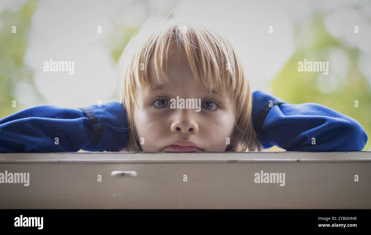 Little boy, 6 years, blonde, portrait, thoughtful, Stuttgart, Baden ...