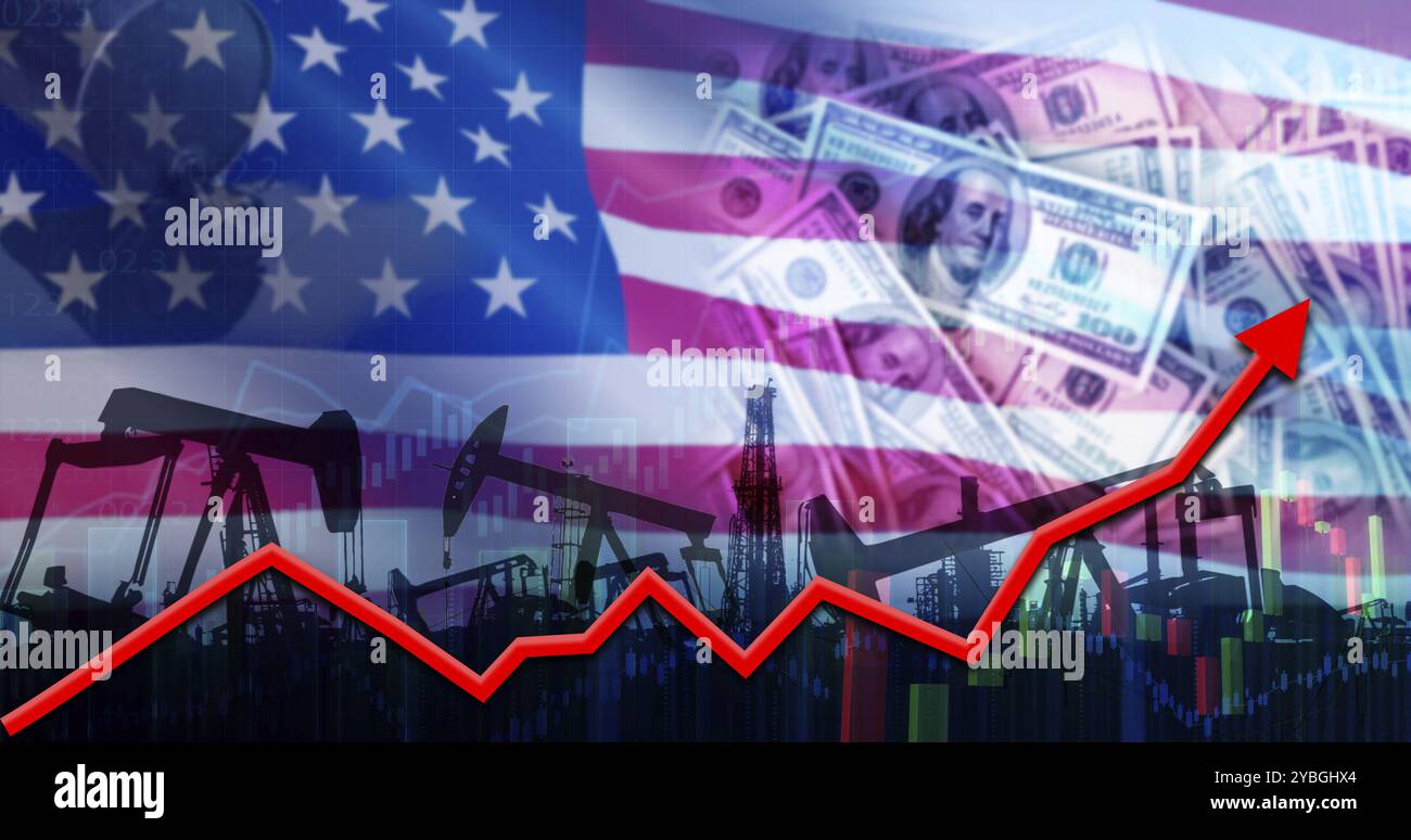 Oil rise with the US flag. Oil production with USA flag. Oil pumps with ...