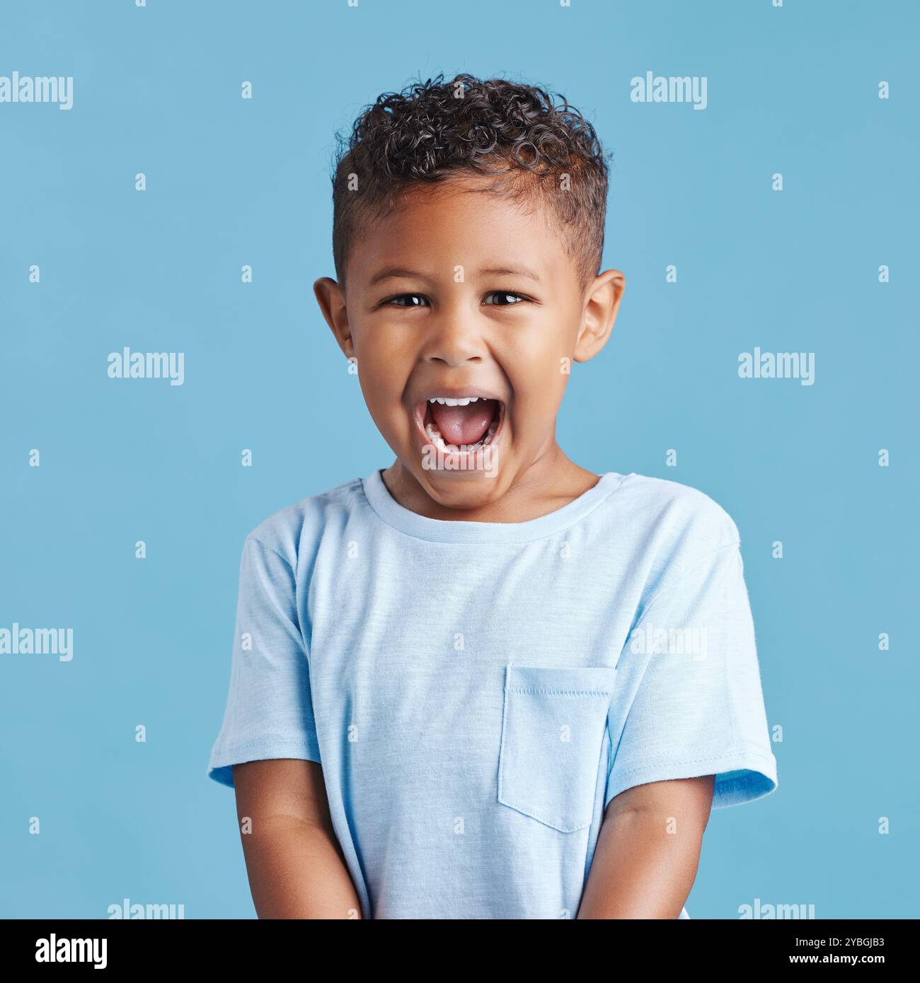 Scream, surprise and portrait of child in studio for excited ...