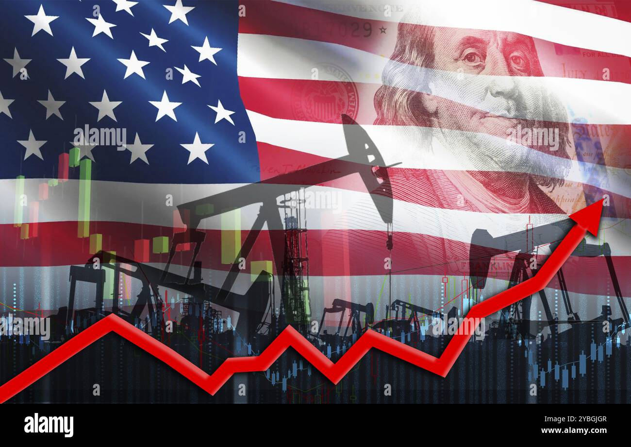 Oil pumps with the USA flag. Oil rise with the US flag. Oil production ...