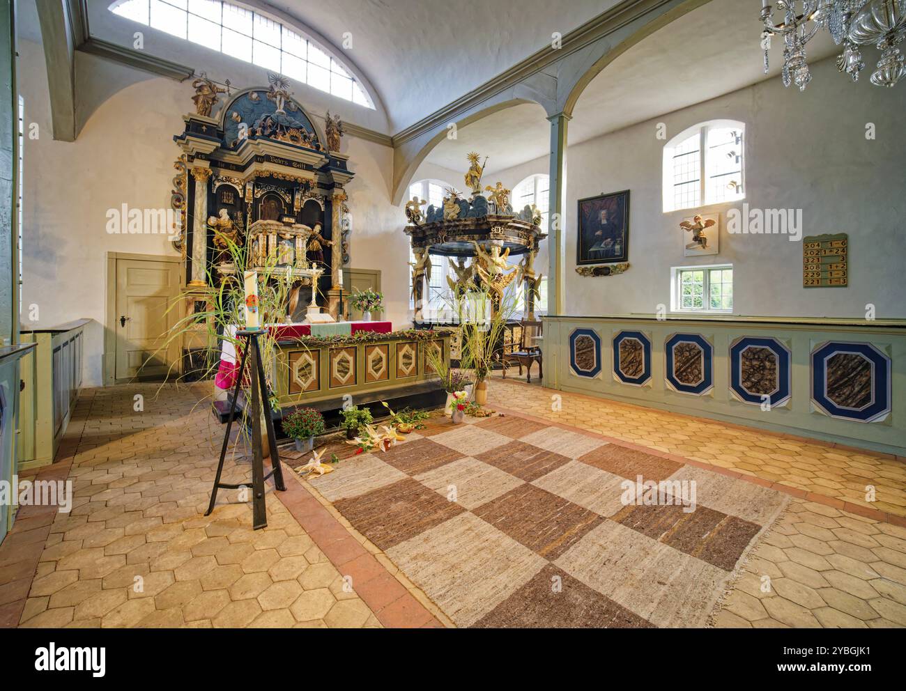 Prerow Seamen's Church with altar and baptistery, oldest church on the ...