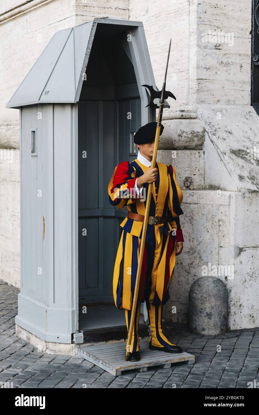 Rome, Italy, August 19, 2016: Papal Swiss guard standing at his post ...