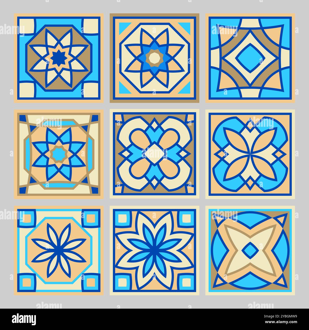 Set of vector hand drawn pattern of square ceramic tile. Ornate ...