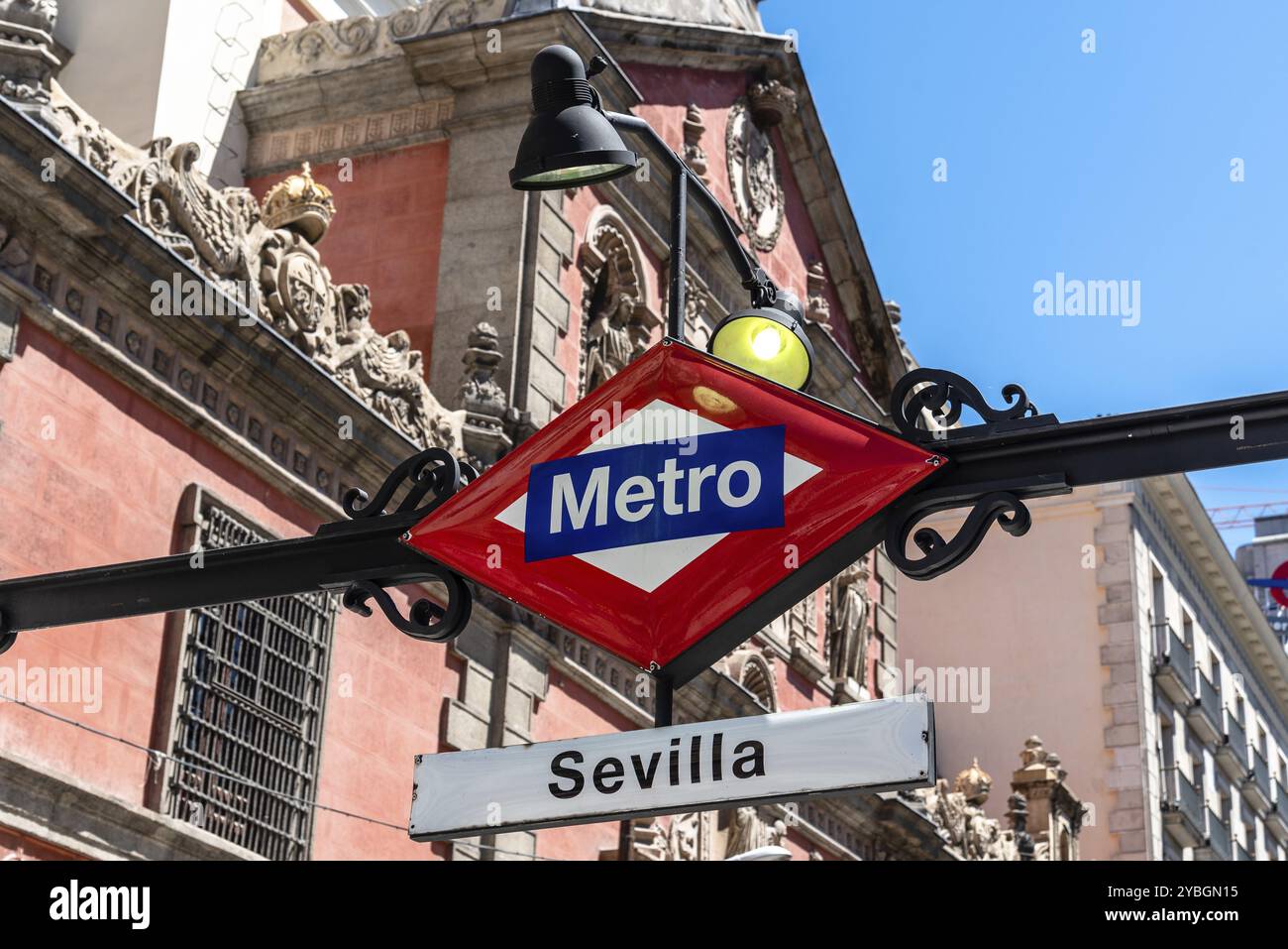 Low angle view of Madrid Metro sign, Sevilla station. Underground sign ...
