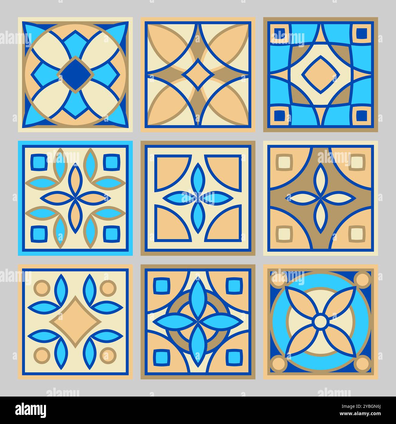 Set of vector hand drawn pattern of square ceramic tile. Ornate ...