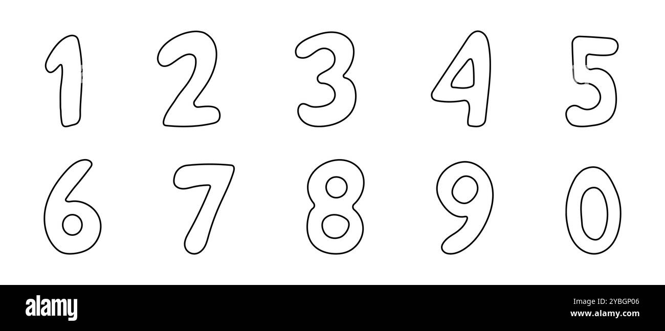 Doodle number, set numeric outline comic figure. 1 to 0 hand drawn numbers. Sketch marker stroke ...