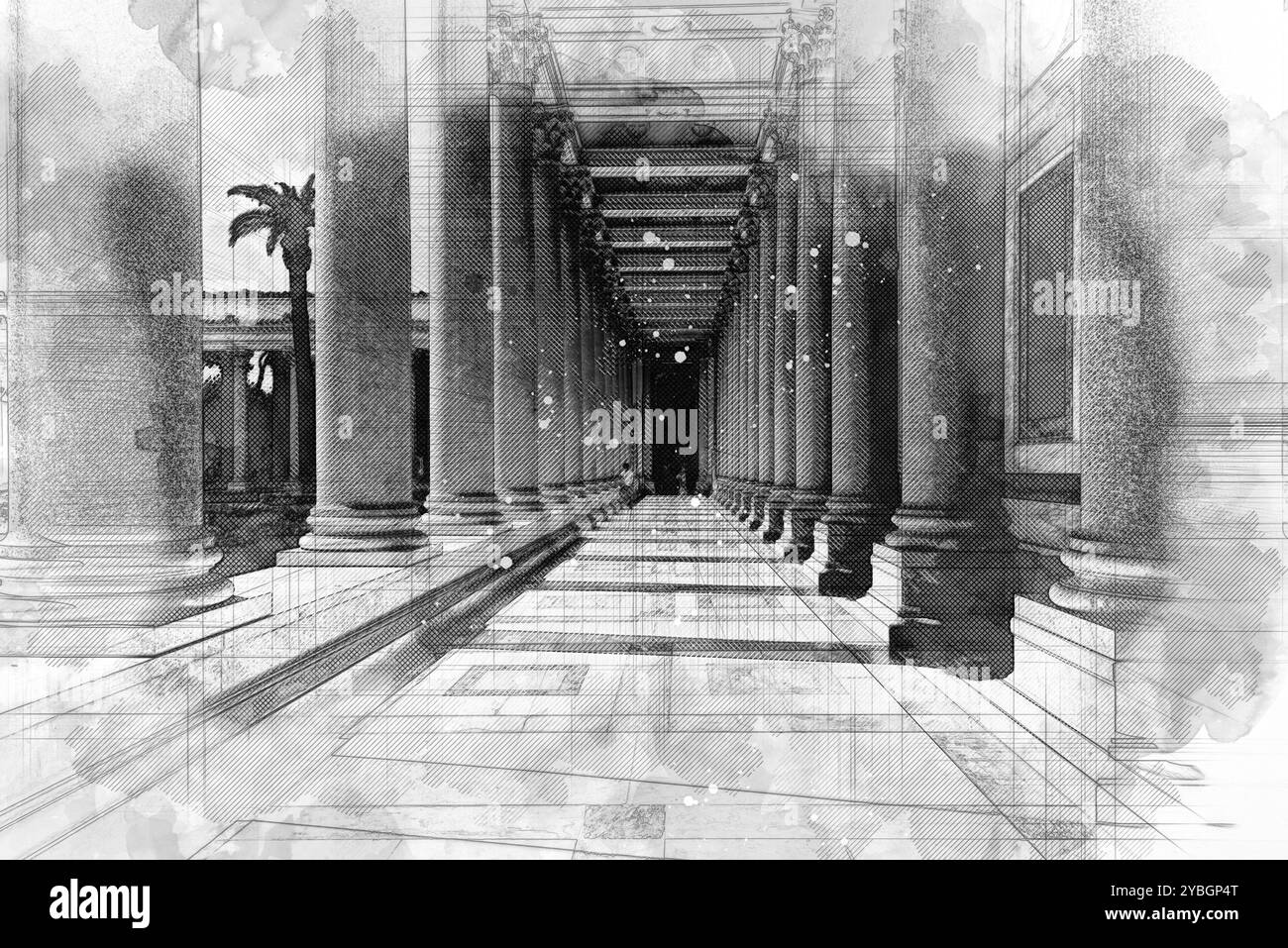 Architect drawing of columns in cloister in Rome. Watercolor and ink ...