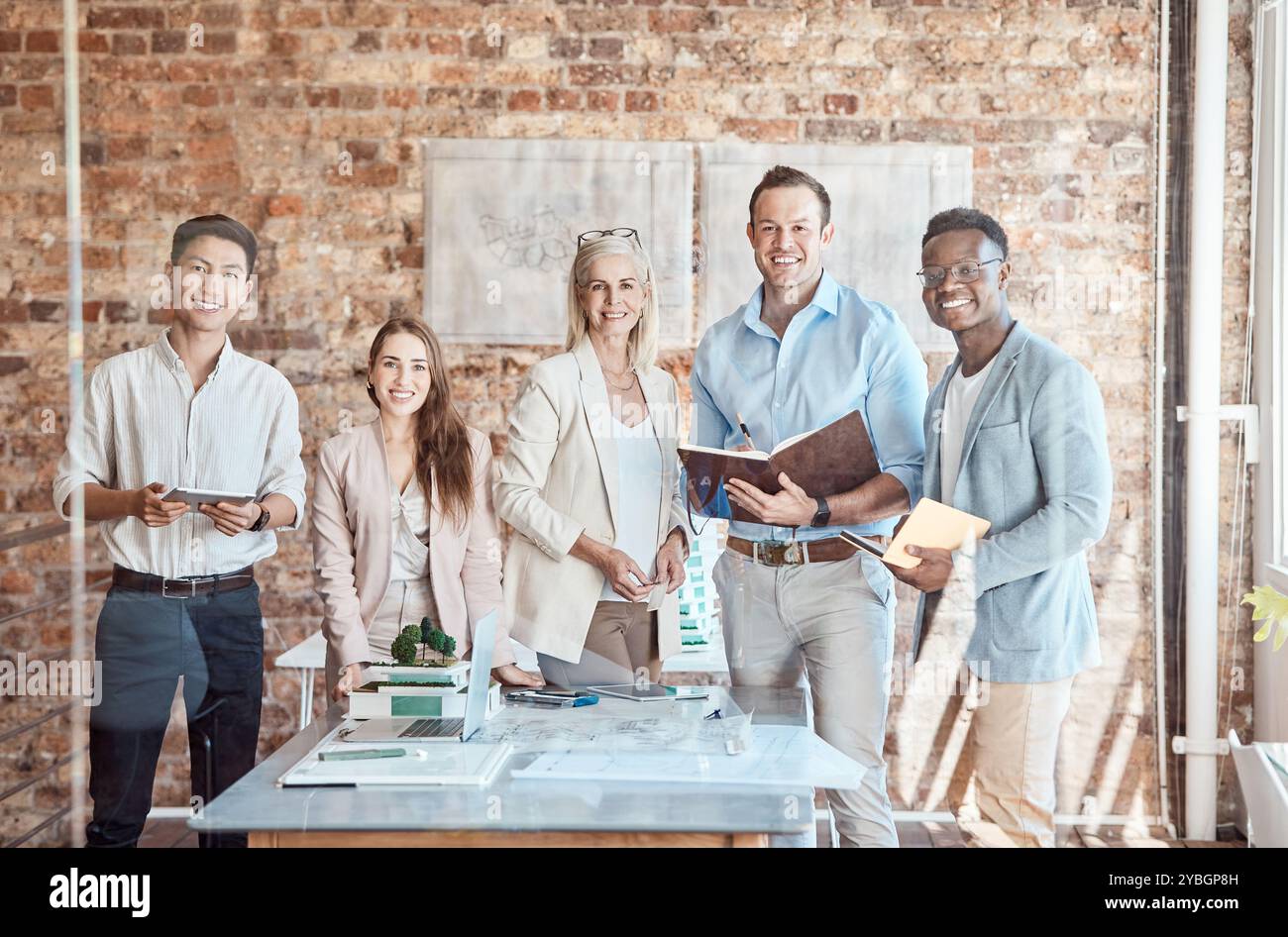 Architecture, portrait and business people in office with 3d design for ...