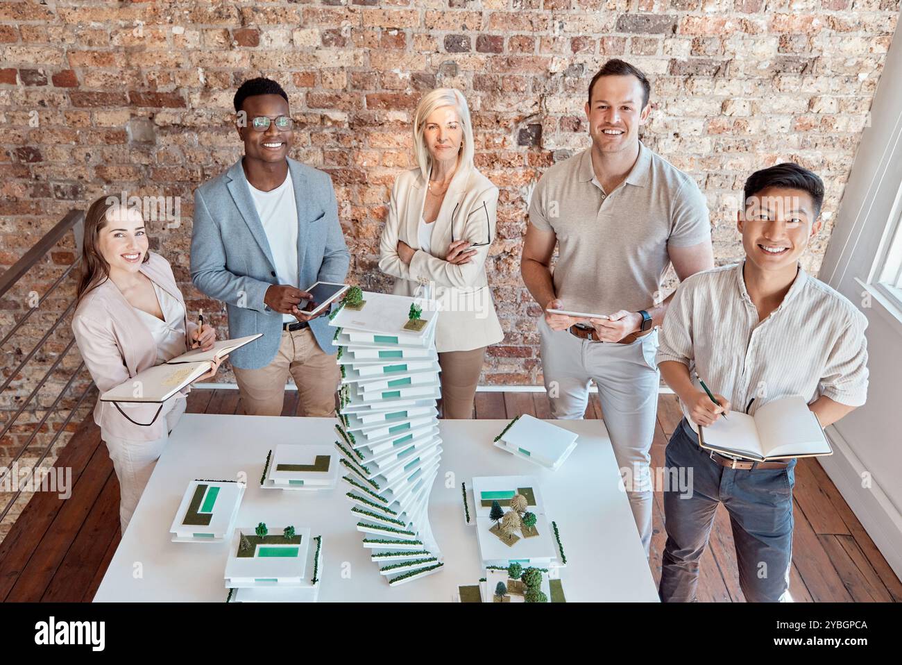 Architecture, portrait and business people in office with 3d model for ...