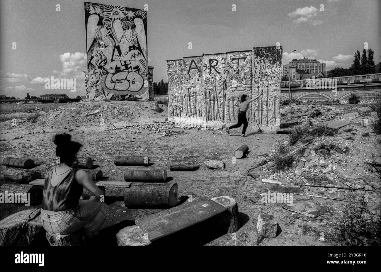 Germany, Berlin, 27.07.1991, painted former watchtower at the ...