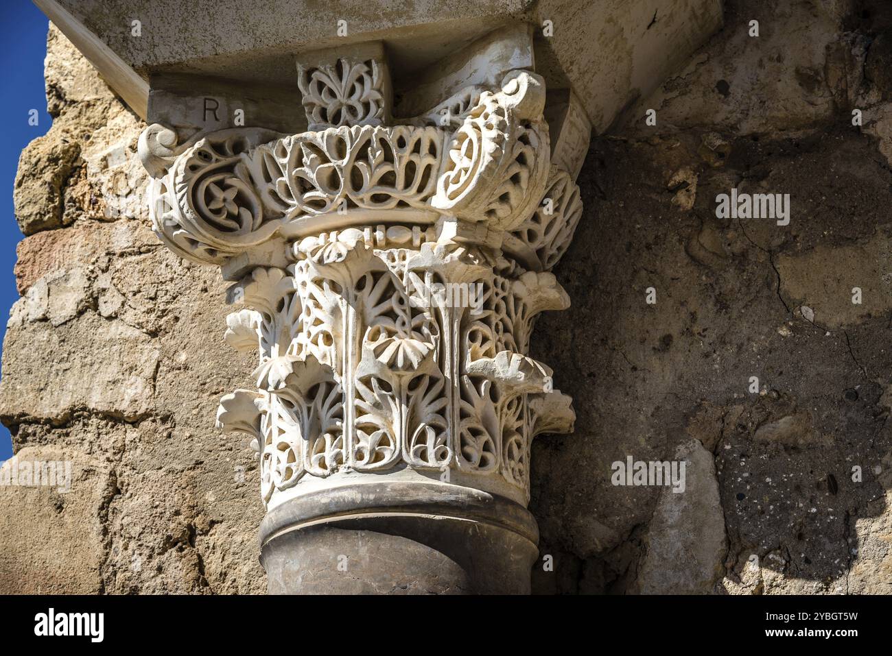 View of chapiter in the ruins of the fortified Arab Muslim medieval ...