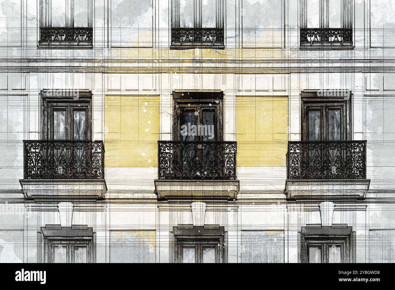 Architect drawing of windows and shutters in old building in Madrid ...