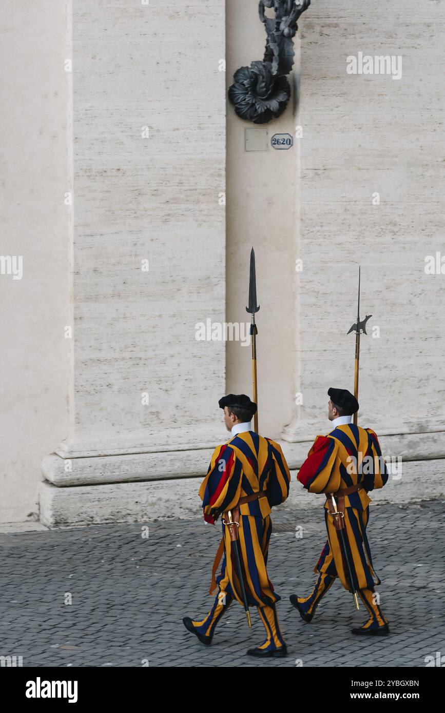 Rome, Italy, August 19, 2016: Papal Swiss guards making the changing of ...