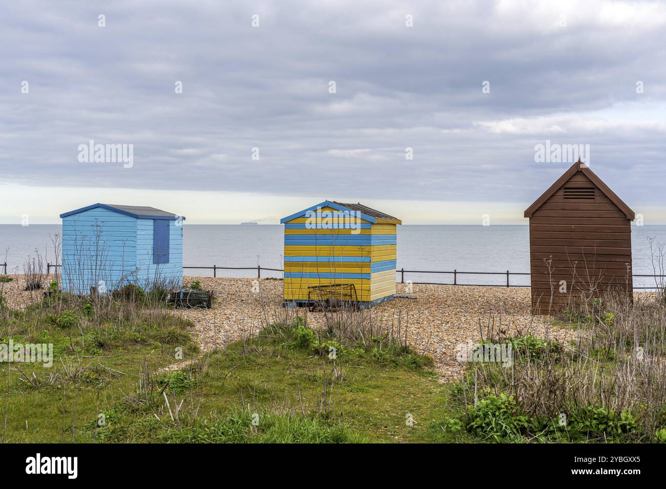 Three beach huts overlooking the sea in Kingsdown, Kent, England, UK ...