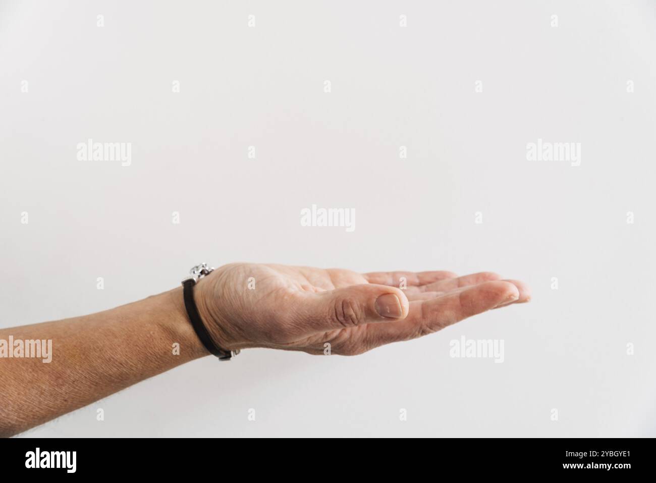 Empty female woman hand holding or taking. Isolated on white background ...