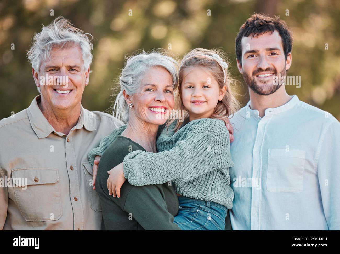 Generations, family and happy in garden on portrait for gathering ...