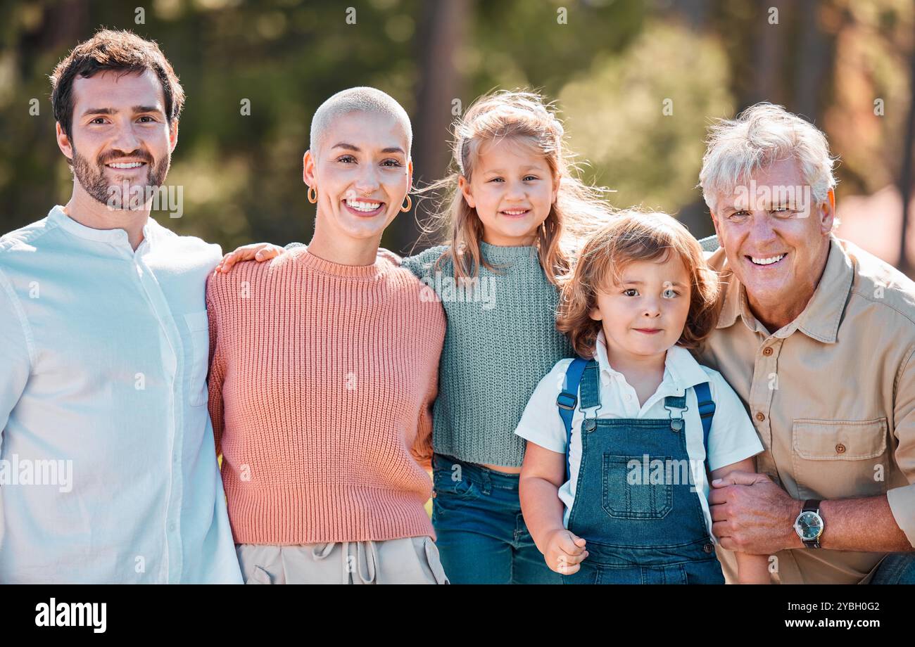Generations, family and smile in garden on portrait for gathering ...