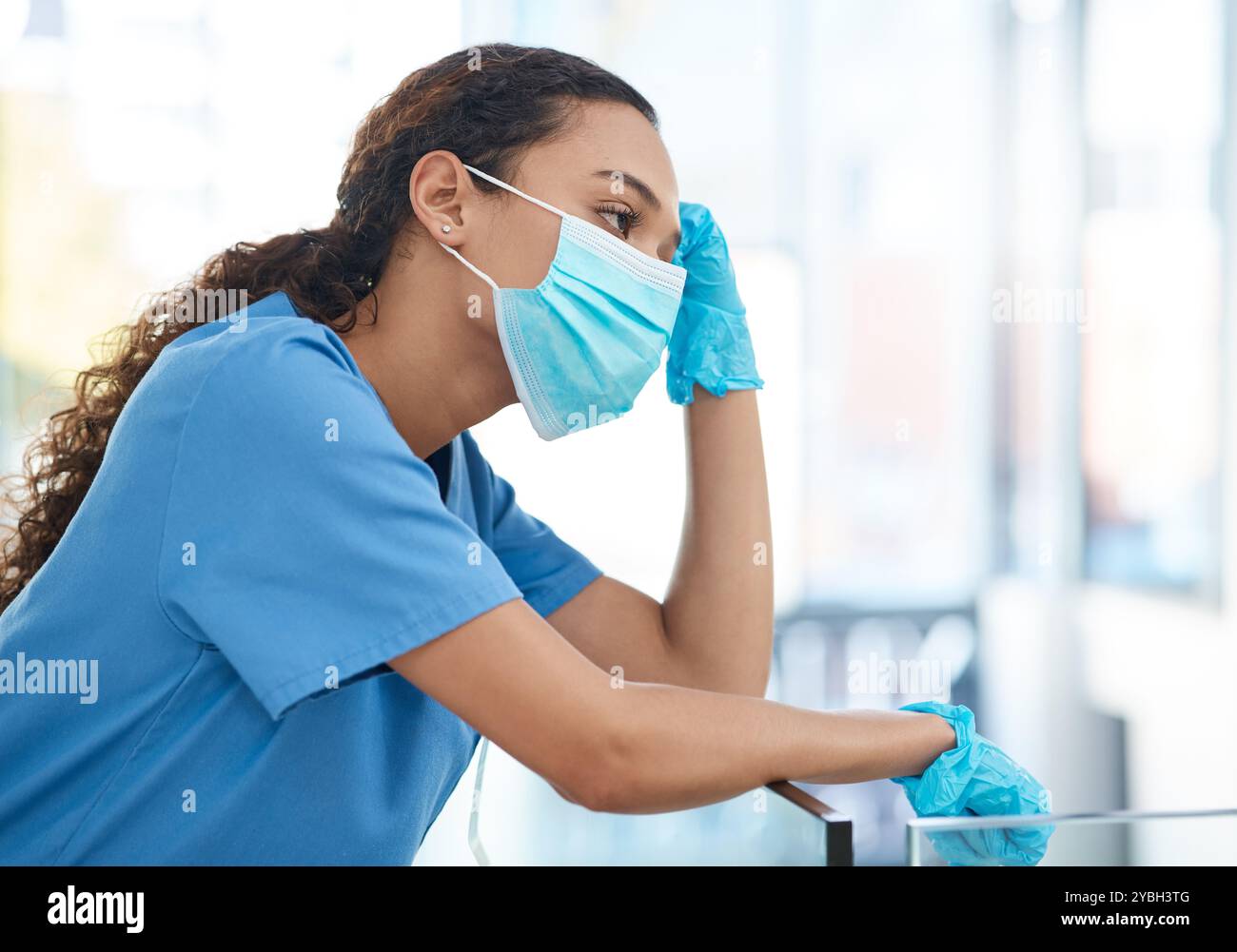 Stress, woman and thinking with doctor at hospital for surgery mistake ...