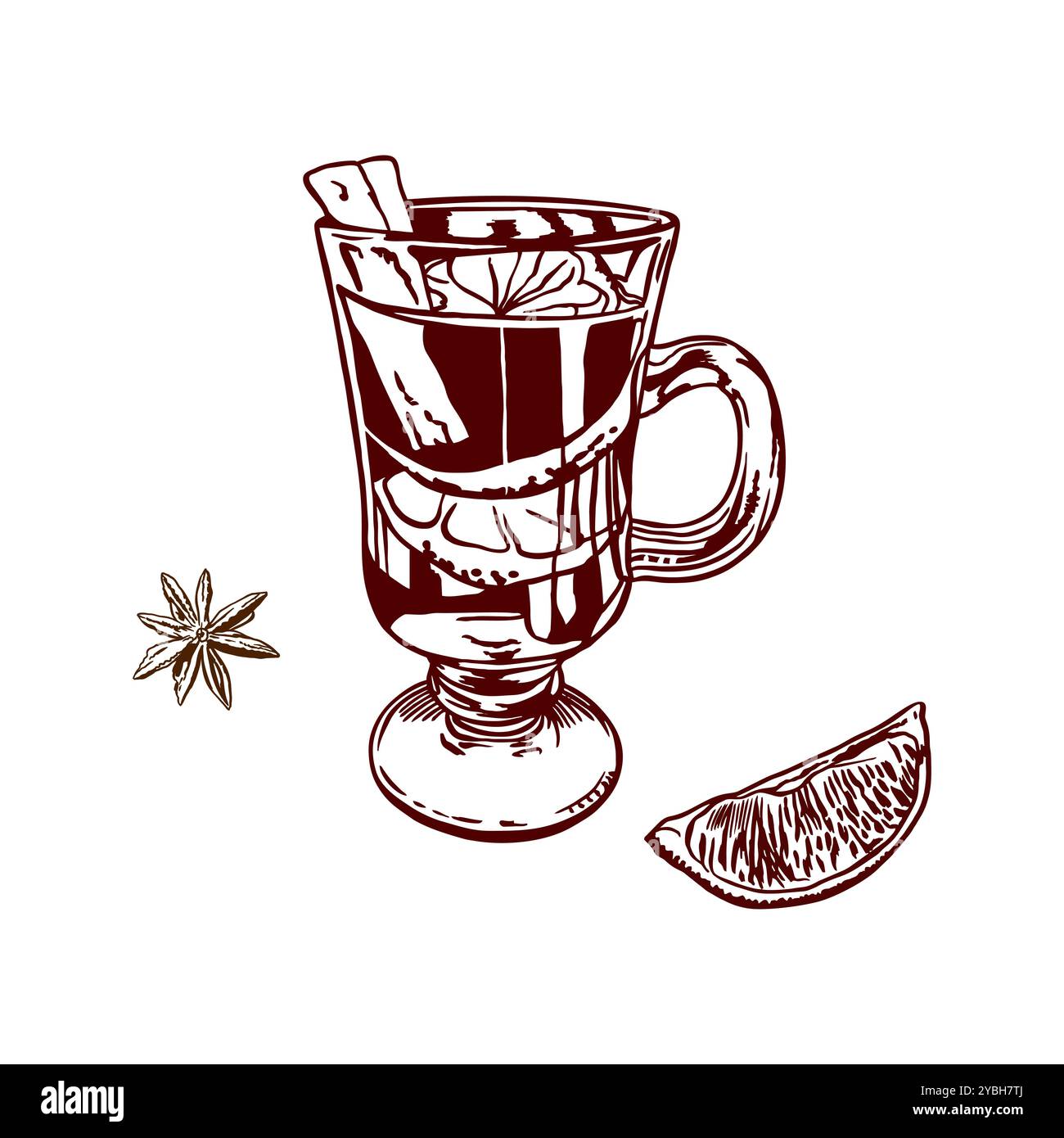 Mulled wine with cinnamon, lemon wedge, star anise. Vector illustration ...