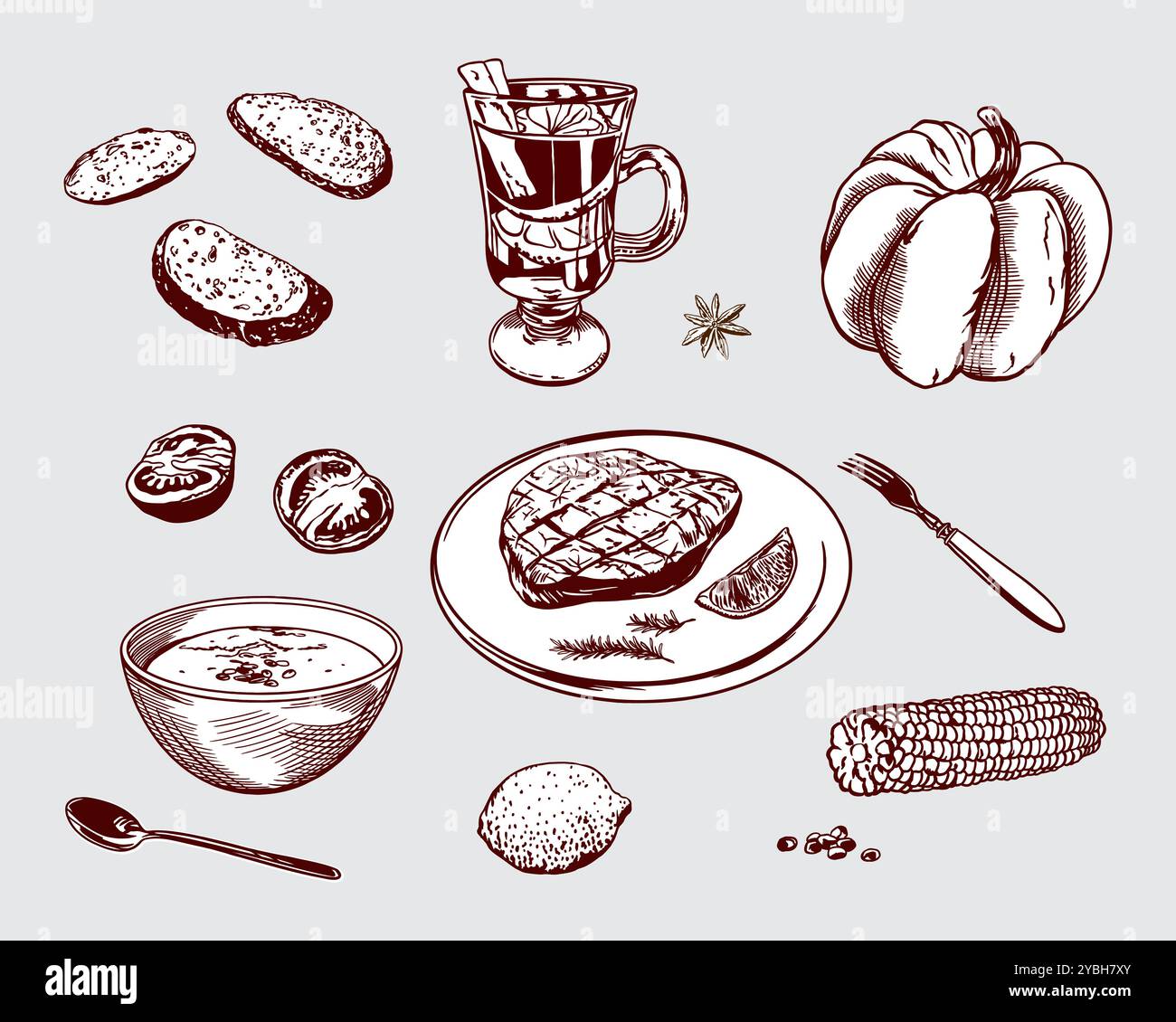 Pumpkin, corn, mulled wine, soup, meat steak, lemon, toast, spoon ...