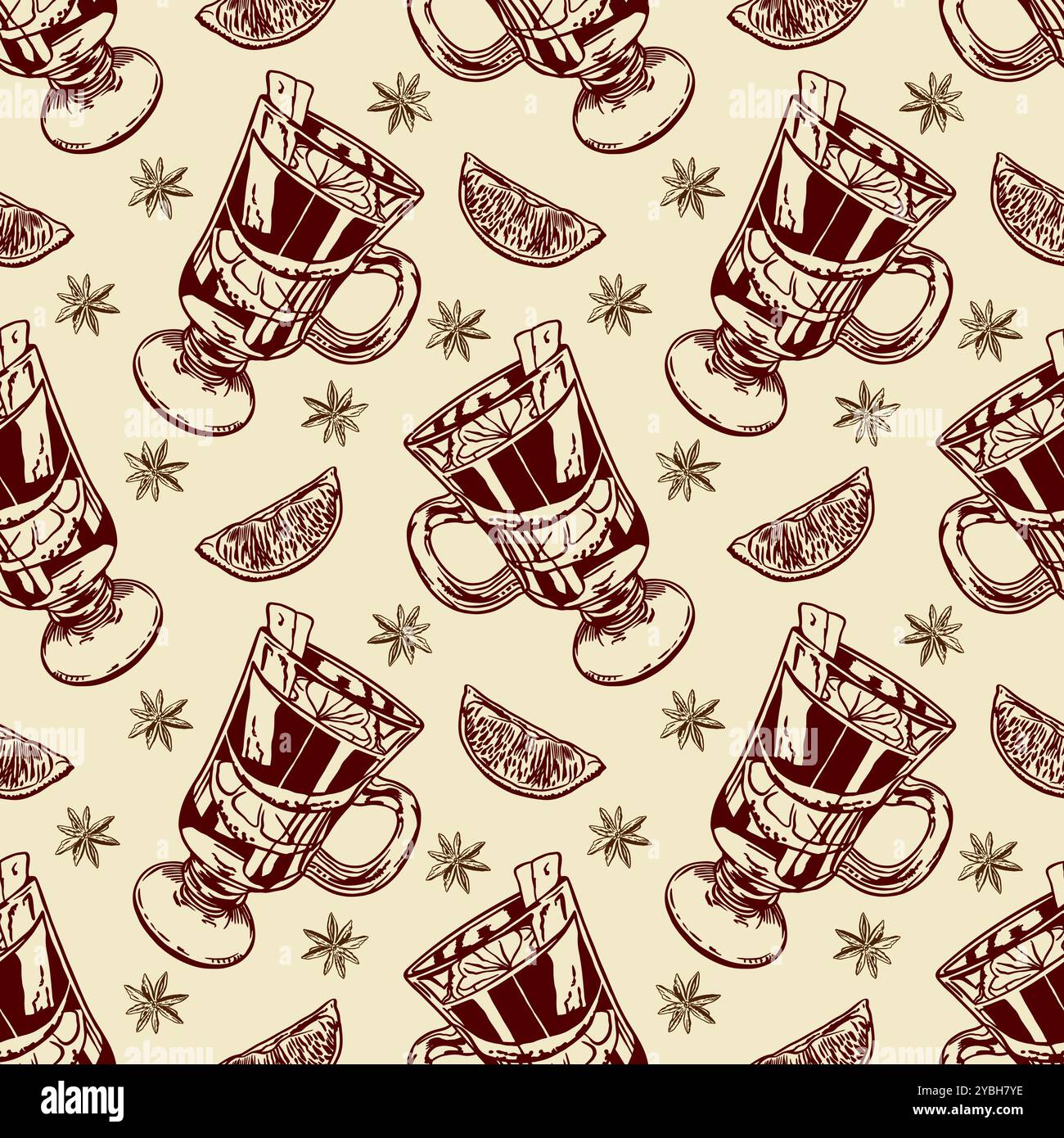 Mulled wine, lemon wedge, star anise, seamless pattern. Vector ...