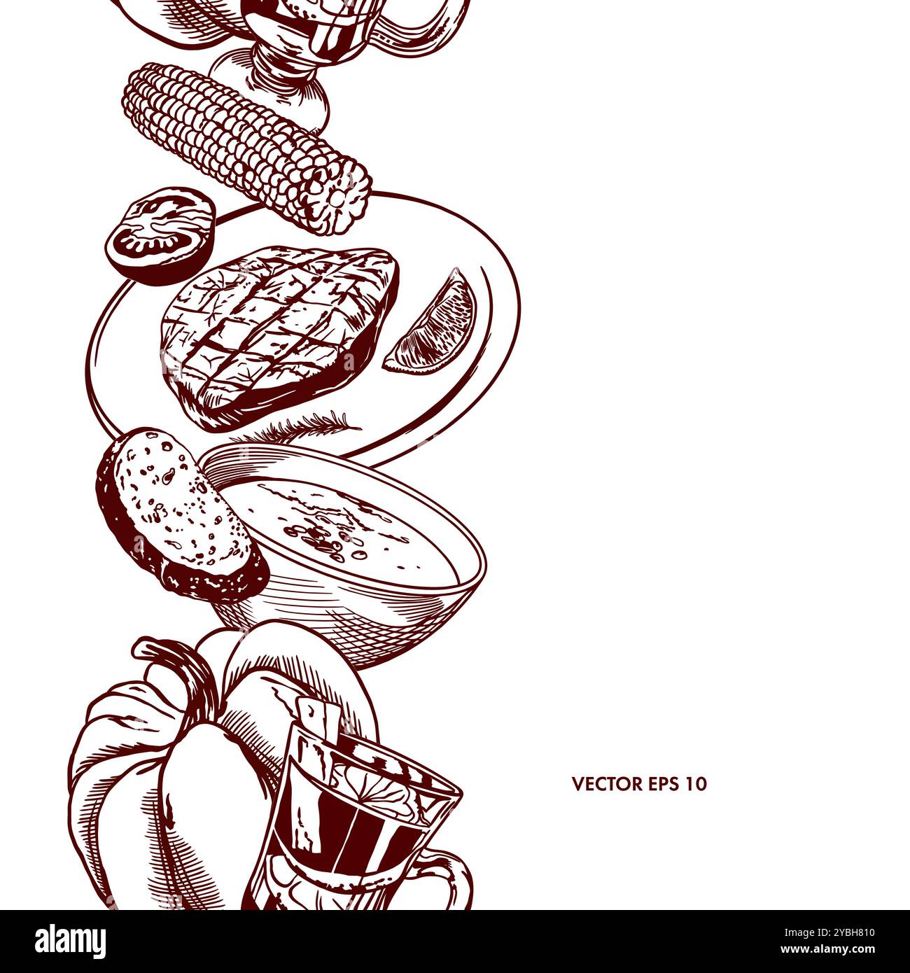 Pumpkin, corn, soup, mulled wine, meat steak. Seamless vertical border ...